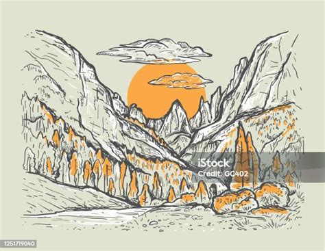 협곡 나무 노란 태양이 그려진 가을 손 그린 스케치 그림 산자연 빈티지 벡터 풍경 인쇄 엽서 포스터 커버 배너를 위한 로맨틱한 디자인 산에 대한 스톡 벡터 아트 및 기타