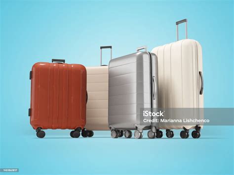 그림자가 있는 파란색 배경에 관광 휴가를 위한 바퀴 달린 여행 가방 세트의 3d 그림 계획에 대한 스톡 사진 및 기타 이미지