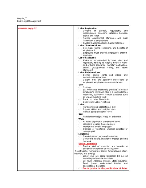 Labor Standards 1st Exam Gapate T Bs In Legal Management Azucena To Pg 22 Labor Legislation