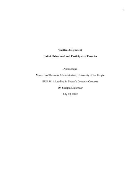 Bus 5411 Written Assignment Unit 4 Written Assignment Unit 4 Behavioral And Participative