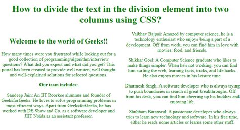 How To Divide Text Into Two Columns Layout Using Css Geeksforgeeks