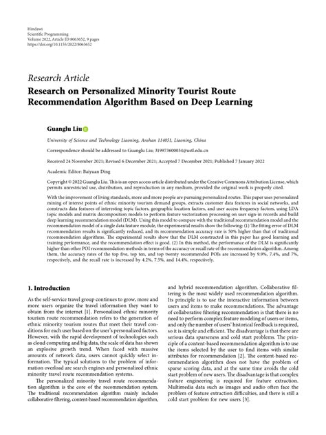 Pdf Research On Personalized Minority Tourist Route Recommendation Algorithm Based On Deep