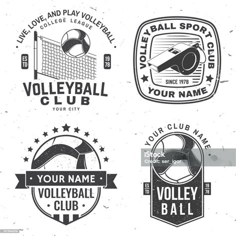 배구 클럽 배지 로고 디자인의 세트입니다 벡터 그림입니다 대학 리그 스포츠 클럽 여름 캠프 엠블럼 기호 로고 빈티지 흑백 라벨 스티커 배구 공 패치 선수 및 심판 휘슬