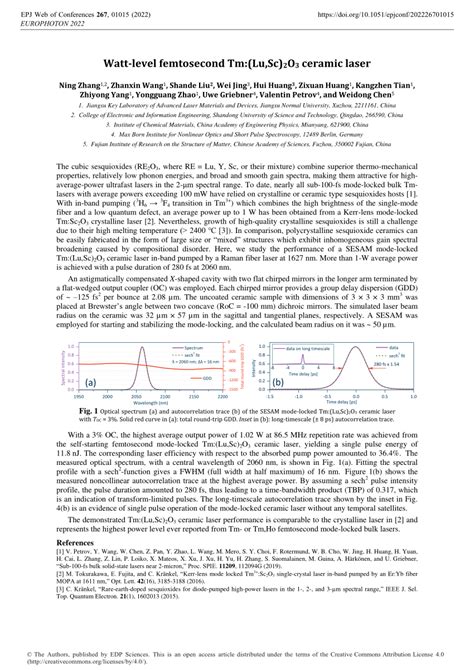 Pdf Watt Level Femtosecond Tmlusc2o3 Ceramic Laser
