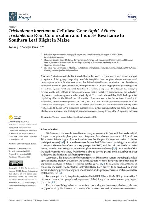 Pdf Trichoderma Harzianum Cellulase Gene Thph2 Affects Trichoderma Root Colonization And