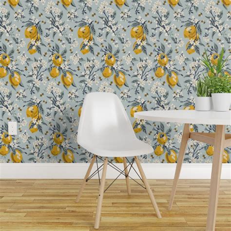Peel And Stick Wallpaper 2ft Wide Bees Lemons Blue Medium Nature Kitchen Fruit Citrus Traditional