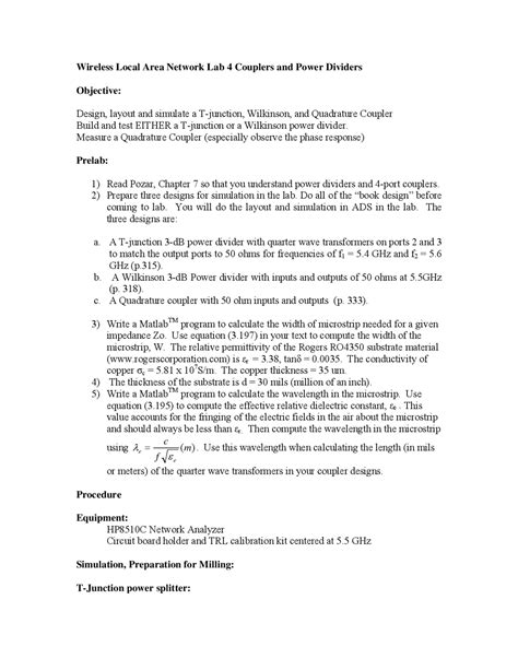 Wireless Local Area Network Couplers And Power Dividers Lab Ece 5320 Docsity