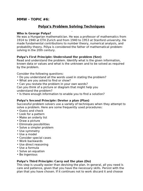 Mmw Topic 6 Polyas Solving Technique Pdf Mathematics Career