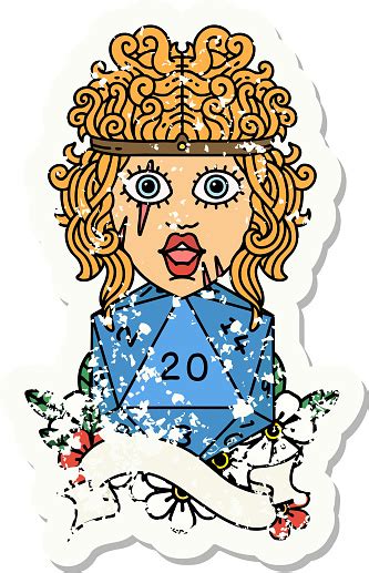 자연 20 주사위 굴리기를 가진 인간 야만인의 그런지 스티커 굴리기에 대한 스톡 벡터 아트 및 기타 이미지 굴리기 머리