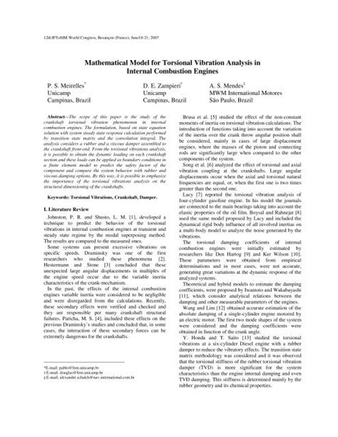 Mathematical Model For Torsional Vibration Analysis In Iftomm