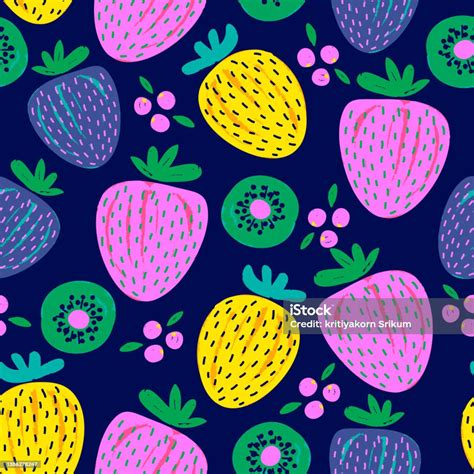 여름 과일 혼합 과일 딸기 딸기 딸기 키위 브러시 스트로크 스타일 매끄러운 패턴 벡터 패션 디자인 직물 벽지 랩의 트렌디 한 다채로운 0명에 대한 스톡 벡터 아트 및 기타