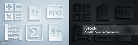 ตั้งค่าสัญลักษณ์ซิกม่า ฟังก์ชันคณิตศาสตร์ ลูกคิด ใบทดสอบหรือข้อสอบ และไอคอนเครื่องคิดเลข