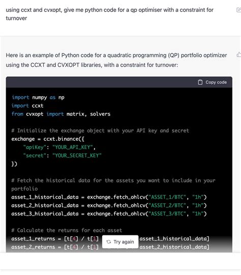 I Made Chatgpt Make A Qp Portfolio Optimiser Using Ccxt And Cvxopt With