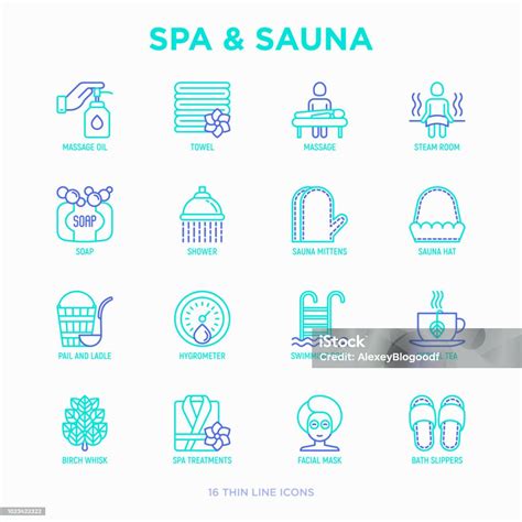 스파 사우나 얇은 라인 아이콘 세트 마사지 오일 수건 스팀 룸 샤워 비누 양동이 국자 습도 수영 풀 허브 차 자작나무 털 얼굴 마스크 현대 벡터 일러스트입니다 건강관리와