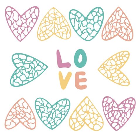 사랑 손으로 그린 글자와 추상 신경 모자이크 심장 발렌타인 데이 포스터 세트 프리미엄 벡터