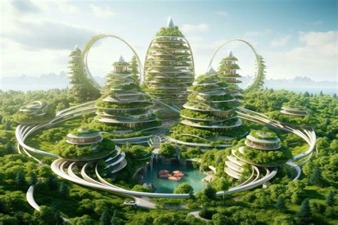 Ai Generated Futuristic City With Green Trees And Blue Sky 3d Rendering Illustrate The