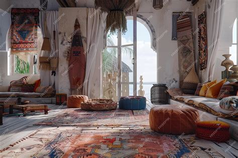 Premium Photo Boho Lounge Area With Floor Poufs And Moroccan Rug