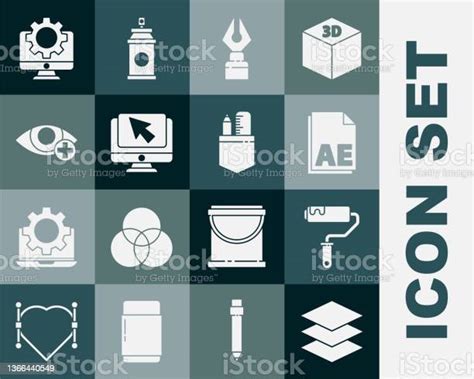 레이어 페인트 롤러 브러시 Ae 파일 문서 만년필 펜촉 컴퓨터 모니터 및 커서 적목 효과 기어 및 교차 된 눈금자 연필 아이콘을 설정합니다 벡터 Cmyk에 대한 스톡 벡터