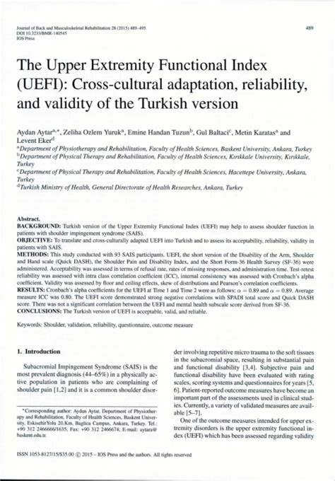 Pdf The Upper Extremity Functional Index Uefi Cross Cultural