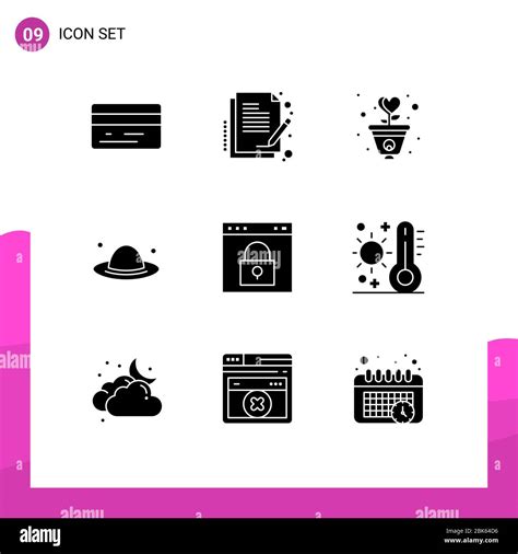 Set Of 9 Commercial Solid Glyphs Pack For Interface Spring Grow Hat Cap Editable Vector