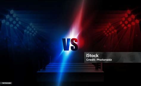 복싱 링 경기장 및 투광 조명 벡터 디자인 밝은 경기장 경기장 조명 빨간색 파란색 권투장에 대한 스톡 벡터 아트 및 기타 이미지