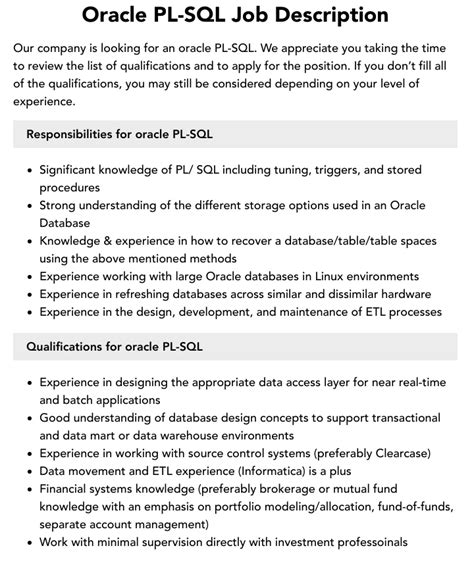 Oracle PL SQL Job Description Velvet Jobs