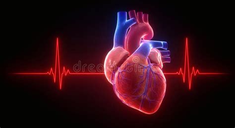 Human Heart Model With Electrocardiogram Rhythm On Dark Background Stock Illustration