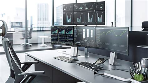 Modern Office Workspace With Multiple Computer Monitors Displaying Data Analytics And Stock