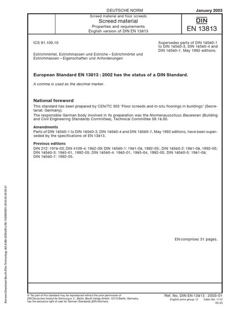 Screed Material European Standard En 13813 2002 Has The Status Of A Din Standard Pdf