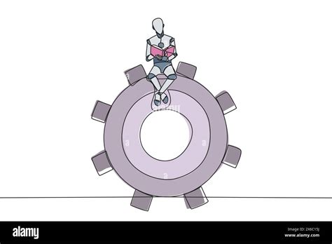 Single Continuous Line Drawing Robot Artificial Intelligence Sitting On Big Gear Read Several