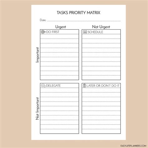 Tasks Priority Matrix Printable Eisenhower Matrix Productivity Box A5 Filofax Insert Priority