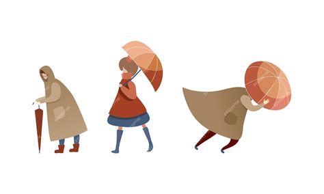 Premium Vector People Characters Struggling To Hold Umbrella In Windy