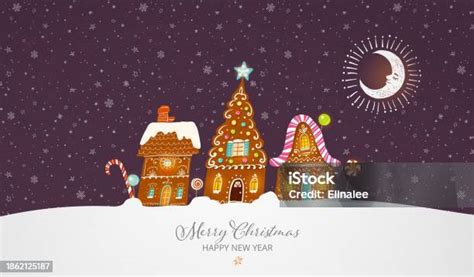 크리스마스 인사말 카드 와 3개 와 저 저 과 저승달 와 별 통하고 있는 밤하늘 배경 벡터 일러스트 레이 션입니다 Comfort Food에 대한 스톡 벡터 아트 및 기타