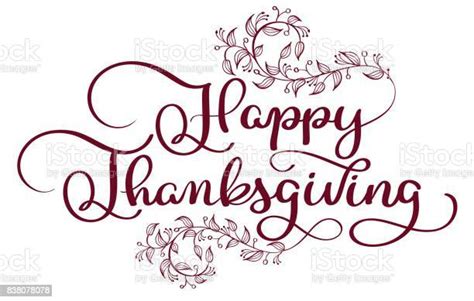 흰색 바탕에 빈티지 장식 Whorls Florish와 함께 행복 한 추수 감사절 빨간색 텍스트입니다 손으로 그린 서 예 문자 벡터 일러스트 레이 션 Eps10 그리기에 대한