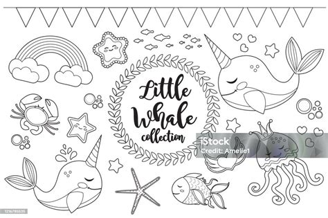 작은 고래 유니콘 세트 아이들을위한 색칠 공부 페이지 설계 요소 스케치 윤곽선 스타일의 컬렉션입니다 아이 베이비 클립 아트 재미있는 웃는 키트입니다 벡터 일러스트레이션