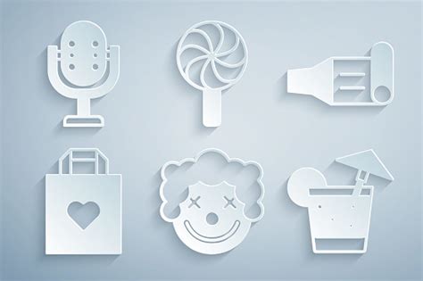 광대 머리 생일 파티 경적 하트가 있는 쇼핑백 칵테일 롤리팝 및 마이크 아이콘을 설정합니다 벡터 3차원 형태에 대한 스톡 벡터