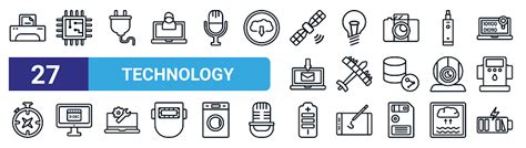 복사기 큰 칩 기본 플러그 큰 전구 태양 전지 휴일 중간 충전이 가능한 소형 배터리 배터리 충전과 같은 27 개의 얇은 선 기술 아이콘 세트 거의 전체 벡터 아이콘
