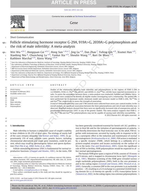 Pdf Follicle Stimulating Hormone Receptor G 29a 919a G 2039a G Polymorphism And The Risk