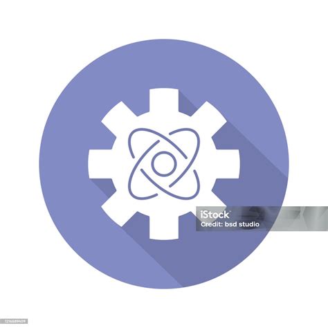 공학 물리학 블루 바이올렛 플랫 디자인 긴 그림자 문표 아이콘입니다 톱니바퀴 및 원자 구조 모델 기계 공학 나노 기술 원자력 에너지 사용 벡터 실루엣 일러스트레이션 0명에