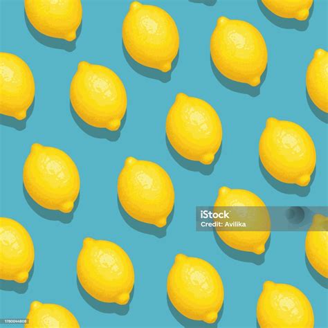 레몬 그림자가 있는 파란색 배경에 레몬이 있는 완벽한 패턴입니다 레몬 한 알 디자인은 벽지 직물 라벨 포장에 적합합니다 감귤류 과일에 대한 스톡 벡터 아트 및 기타 이미지