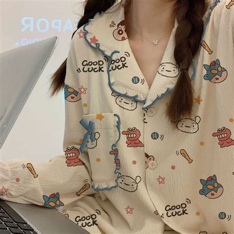 [ready Stock]pajamas日系卡通蜡笔小新睡衣女甜美可爱长袖冬天学生家居服套装 Ng服饰店 Shopee Malaysia