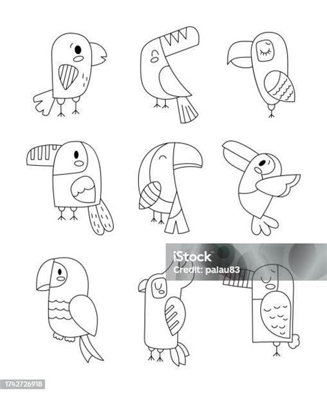 귀여운 앵무새 만화 캐릭터 재미 있은 열대 새입니다 색칠 공부 페이지 벡터 그리기 디자인 요소 모음입니다 가공의 인물에 대한 스톡 벡터 아트 및 기타 이미지 Istock