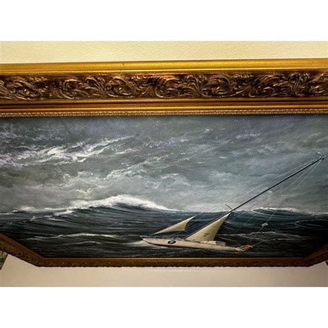 1970s Huge British Seascape Oil Painting Racing Yacht Robertsons Golly
