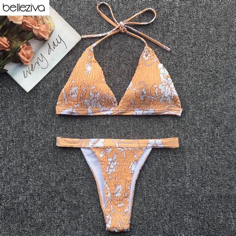 Belleziva Sexy Halter Backless Bikini Set Floral Print Swimwear Women