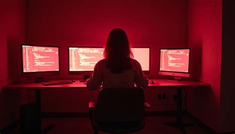 Female Hacker In Red Room With Multiple Monitors Premium Ai Generated