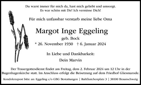 Traueranzeigen Von Margot Inge Eggeling Trauer38 De