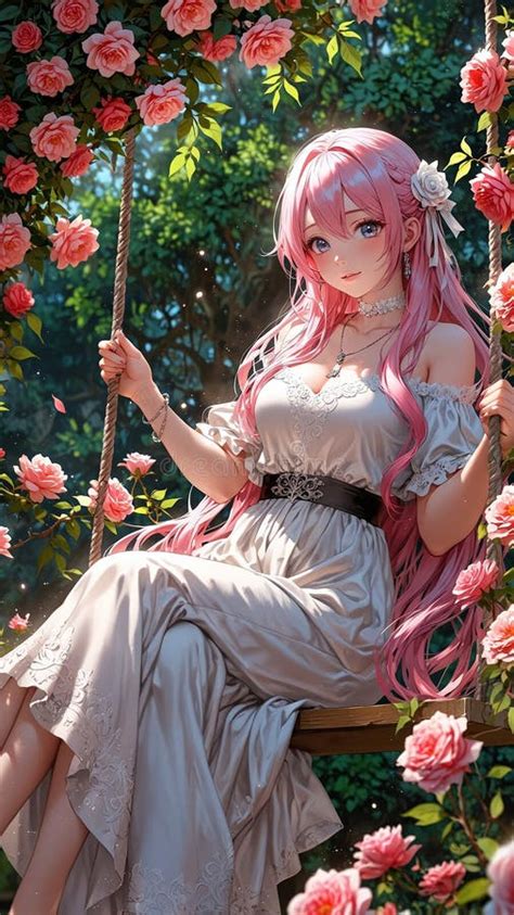 Beautiful Anime Girl With Long Pink Hair Sitting On A Swing In A Garden