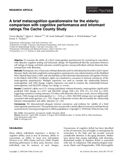 Pdf A Brief Metacognition Questionnaire For The Elderly Comparison With Cognitive Performance