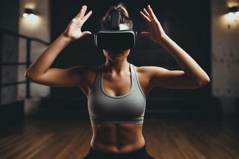 Premium Ai Image A Woman Wearing A Virtual Reality Headset Stands In Front Of A Wooden Floor