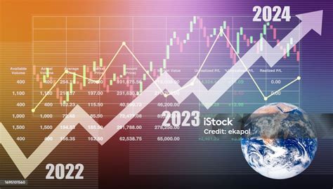 2022년부터 2024년까지 그래프 차트 촛대 주식 기호가 있는 글로벌 경제 성장 데이터 다이어그램과 비즈니스 프레젠테이션 및